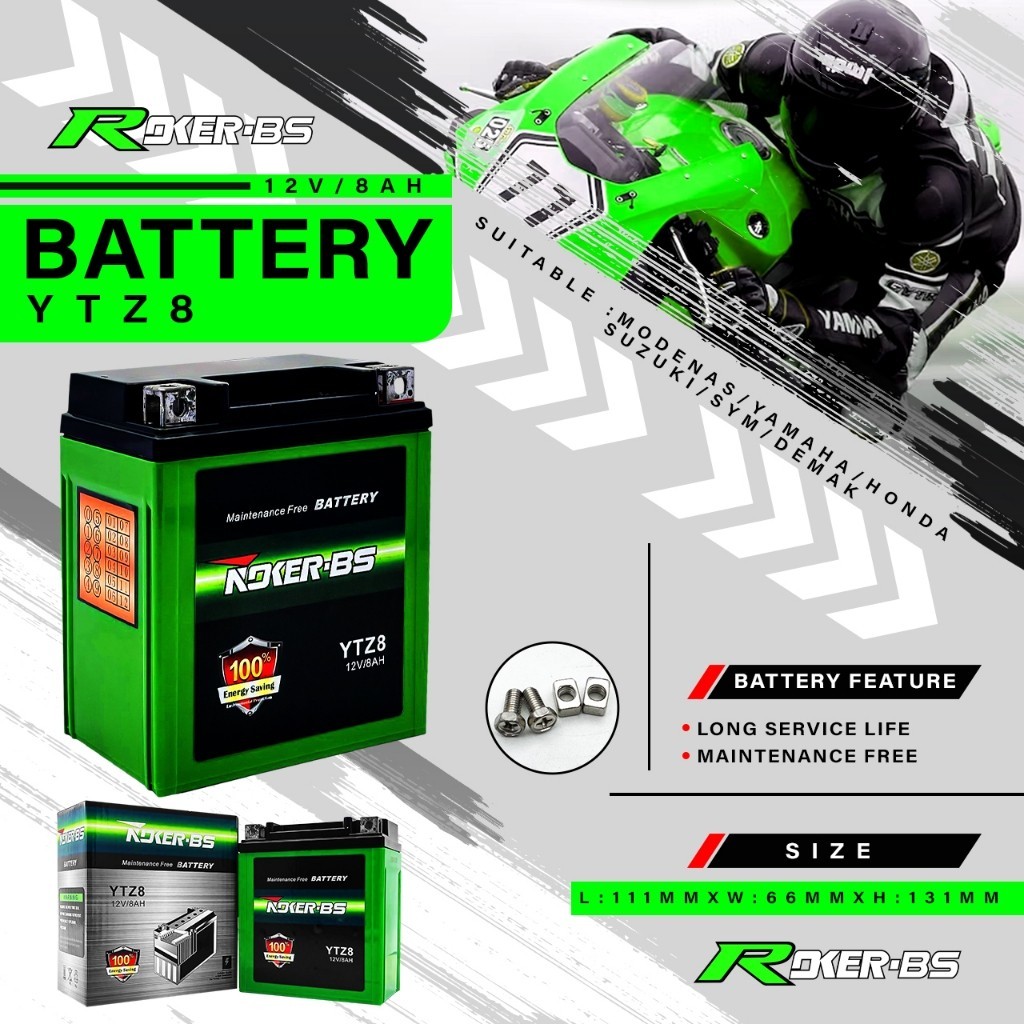 ROKER-BS BATTERY GEL YTZ8 12V/8AH R25/X-MAX 250/RFS150/ZZR/NINJA 250/KLX 150/DZM 200/MOSKITO MZ ...