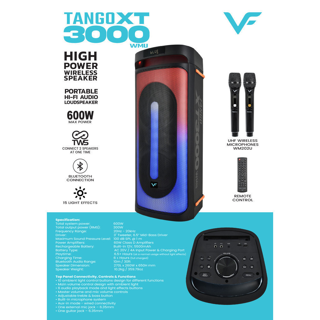 Vinnfier VF Tango XT3000 WMU 600W Bluetooth Speaker HI-FI Loud PartyBox Karaoke Speaker FM Radio ...