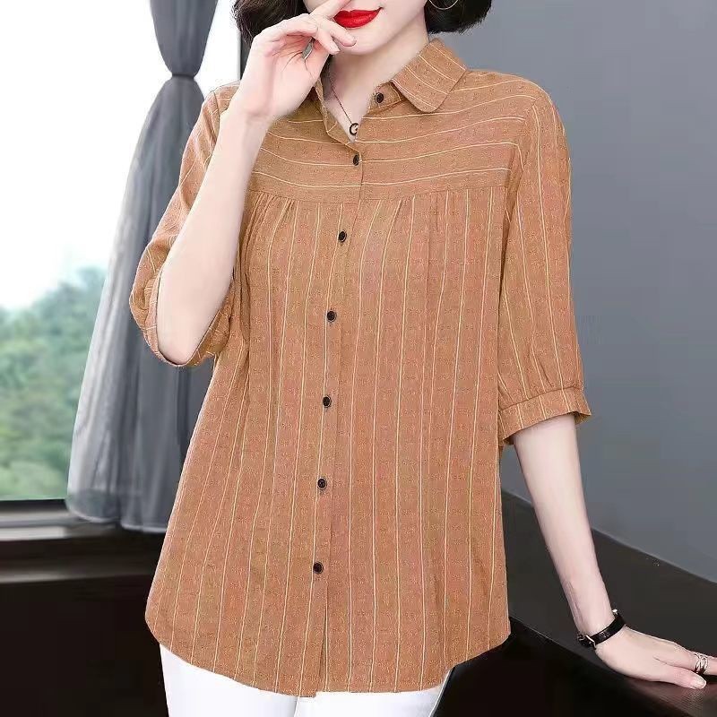 Striped Blouse Plus Size Women Summer Korean Style V-Neck Half-Sleeve ...