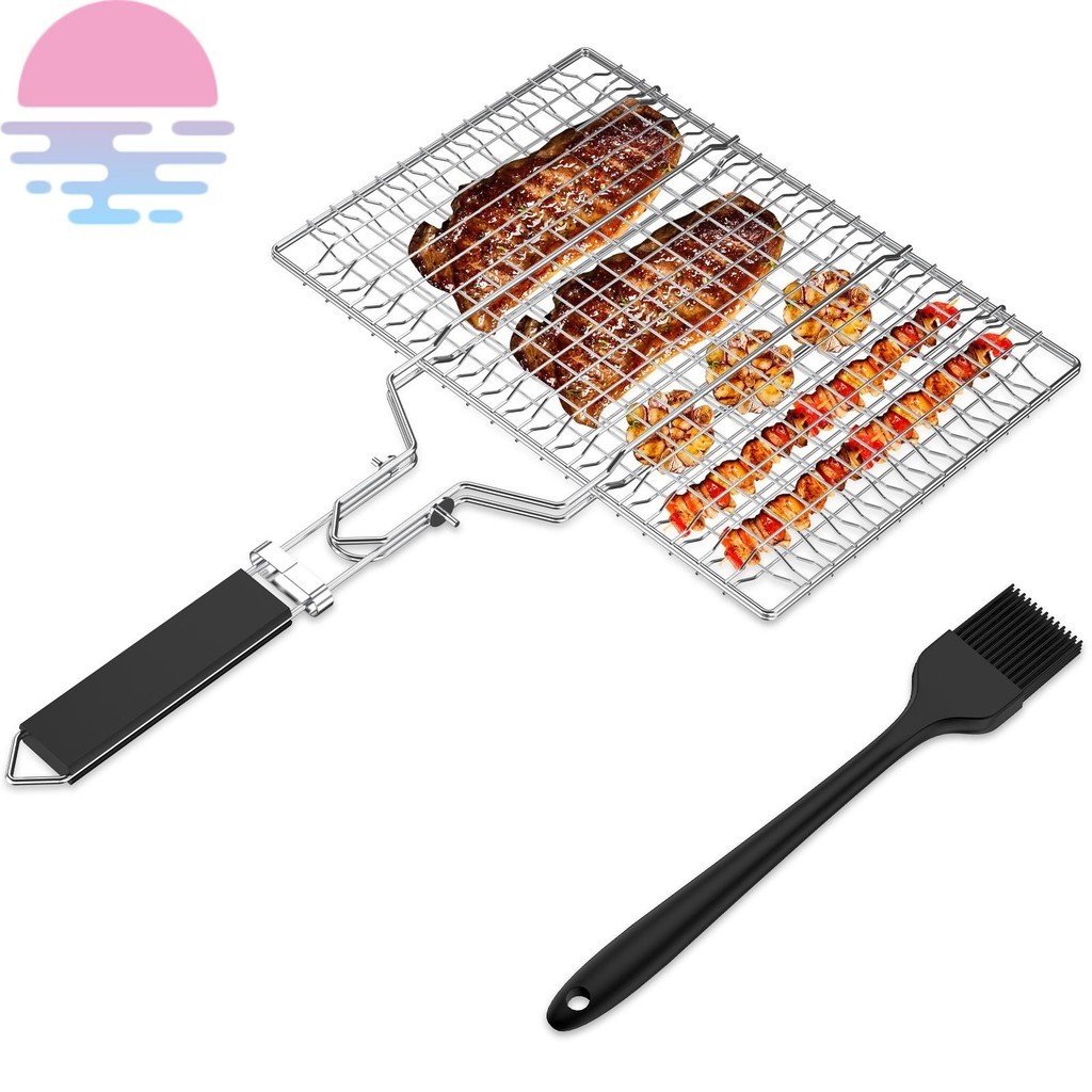 Fish Grilling Basket with Oil Brush 304 Stainless Steel BBQ Basket with ...