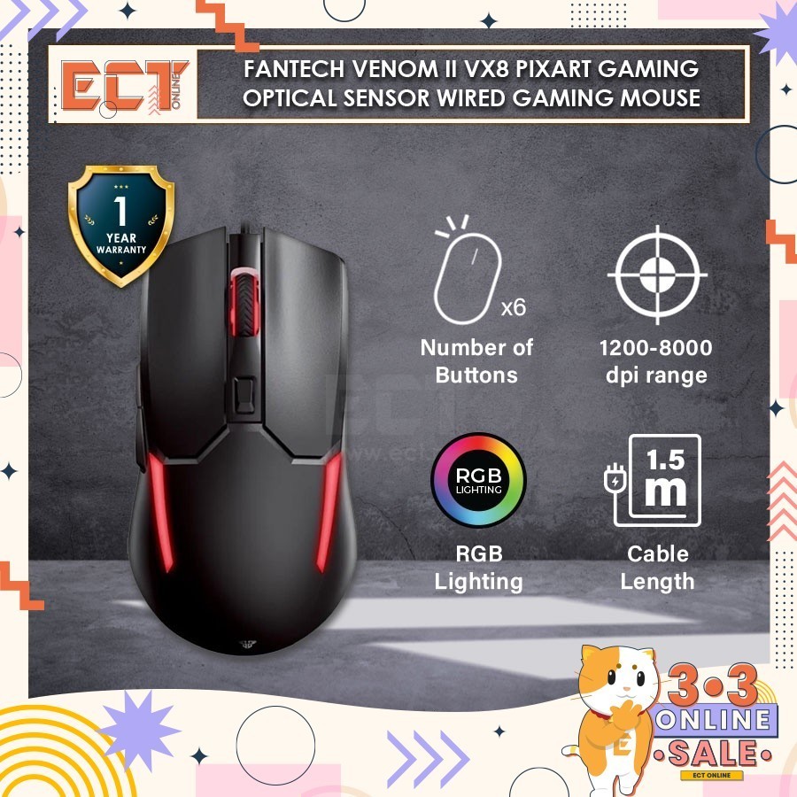 Fantech VX8 Venom II 8000 DPI Pixart Gaming Optical Sensor Wired Gaming ...