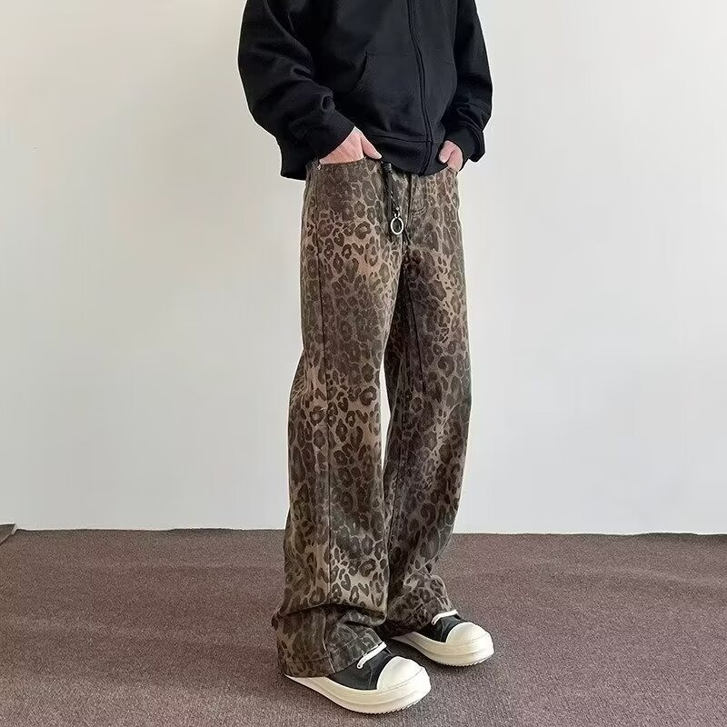 Leopard print straight leg jeans new loose men's casual long pants ...
