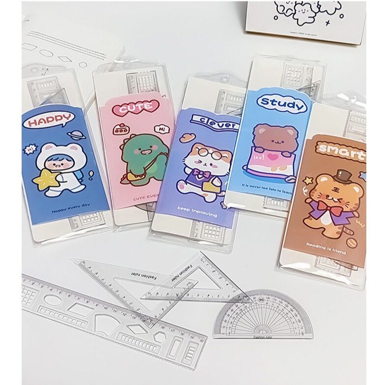 4 in 1 Cartoon Ruler Set Painting Rulers Protractor Triangle Plate Bear ...