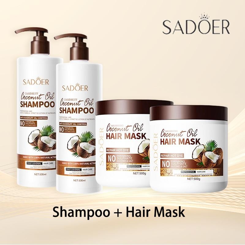 Sadoer Coconut Oil Hair Style Set 4in1 (Shash*2+Hair Mask *2) Anti-dandruff Coconut Oil Shampoo ...