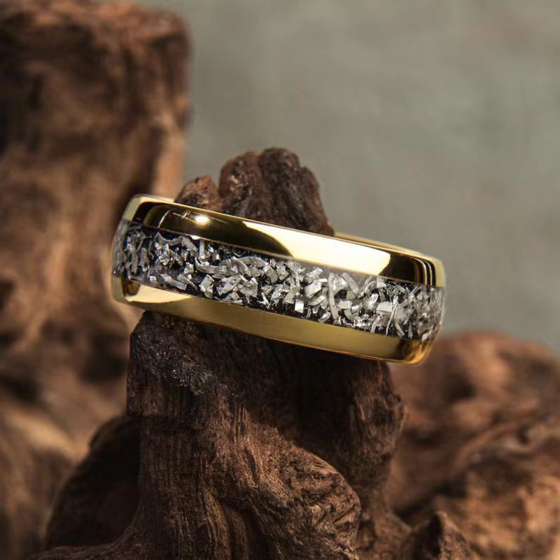 Gold stainless steel meteorite stone ring, fashionable men's and women ...