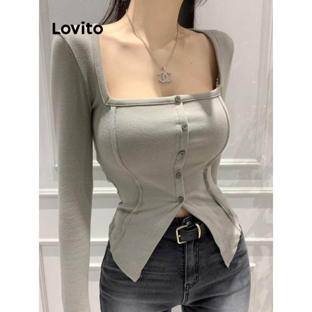 Lovito Casual Plain Split Front Button Front T-Shirt for Women LNA43322 ...