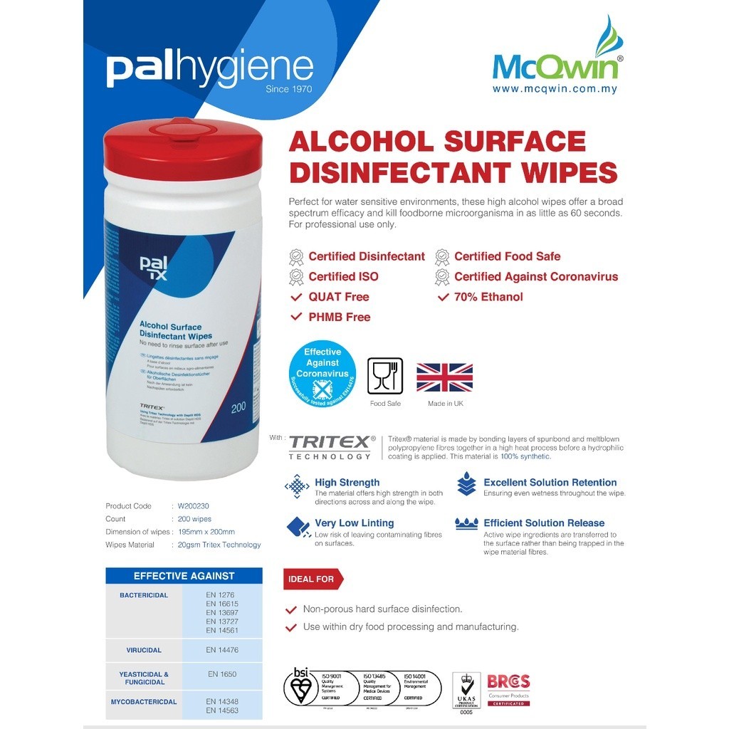 PAL 200pcs Halal Disinfectant Wipes Alcohol / Non-Alcohol, Made in UK ...