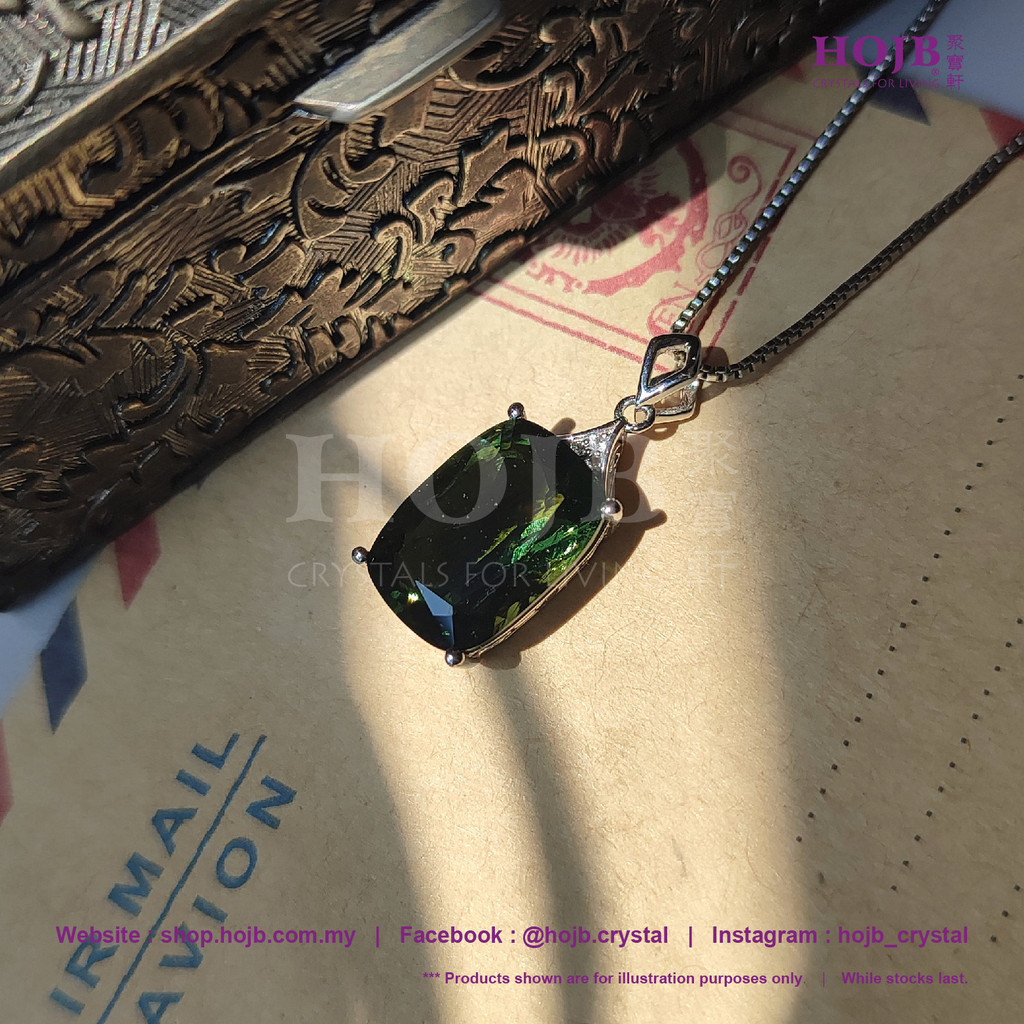 HOJB Authentic Moldavite 6A Rectangle Design S925 Silver Pendant 10x14mm 聚寶軒纯正捷克流星绿陨石6A长方形S925银 ...
