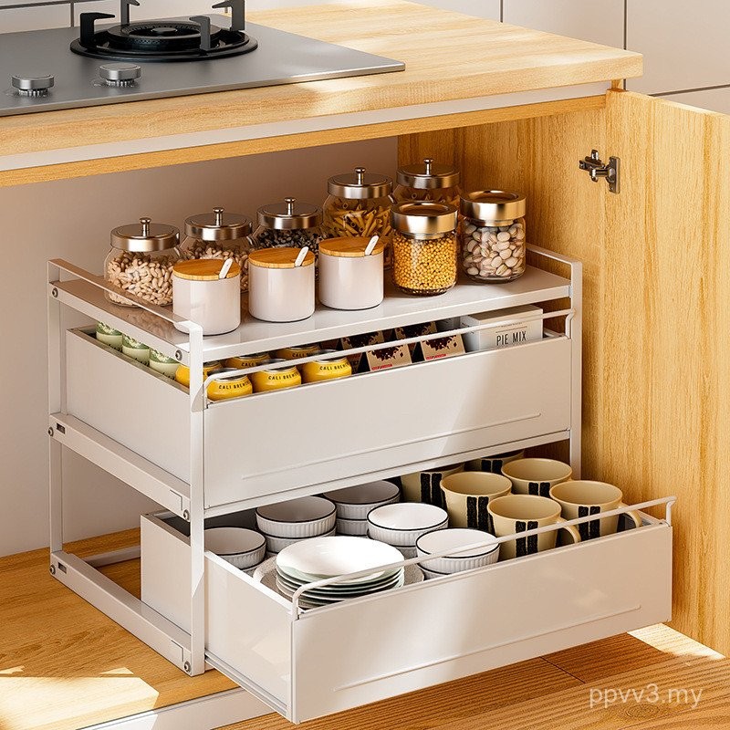 Kitchen Sink Pull-out Shelf Cabinet Layered Rack Dishes Cups Pots ...