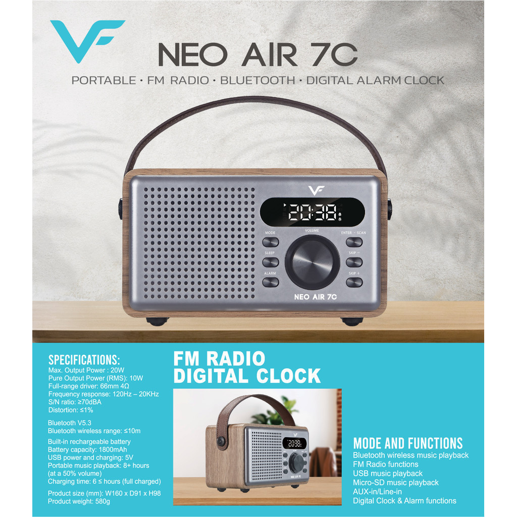 Vinnfier VF Neo Air 7C Digital Alarm Clock Portable Bluetooth Speaker ...