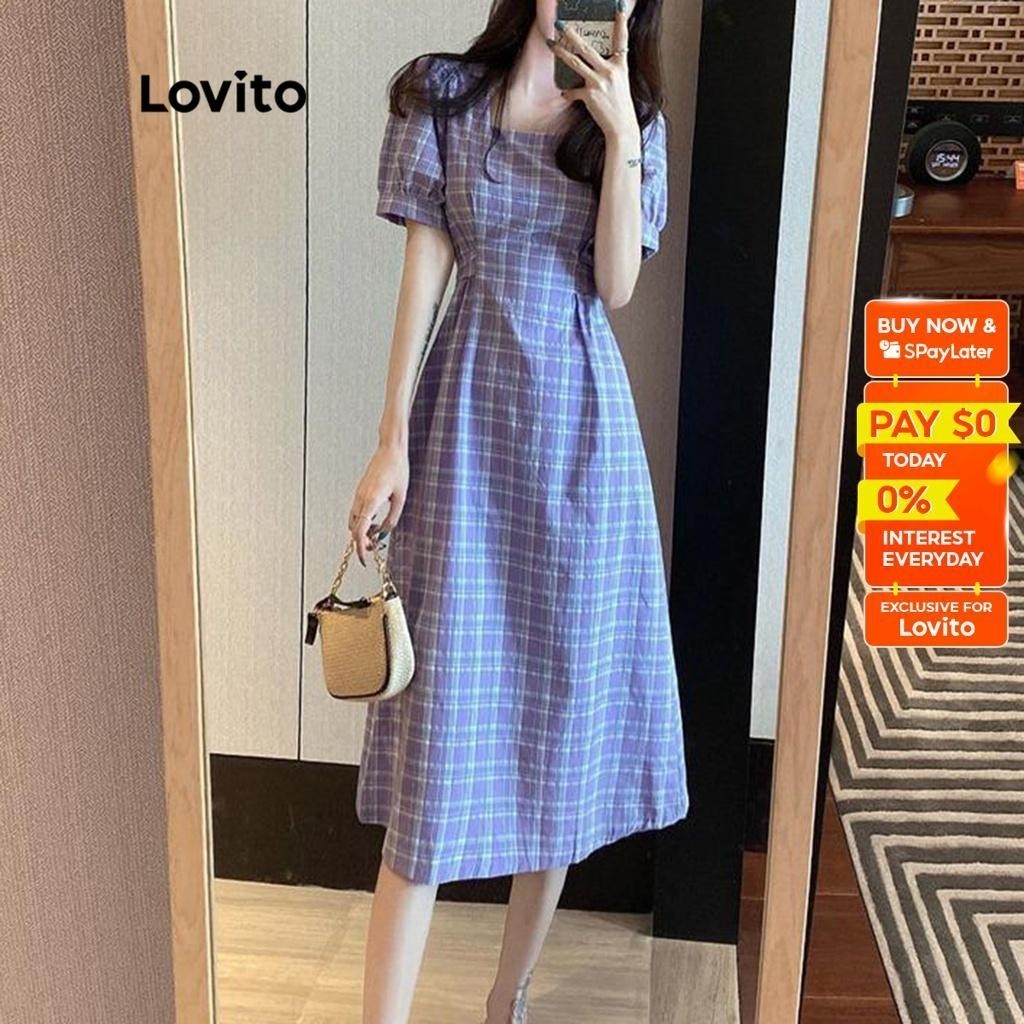 Lovito Casual Plaid Square Neck Short Puff Sleeves Flared Midi Dress ...