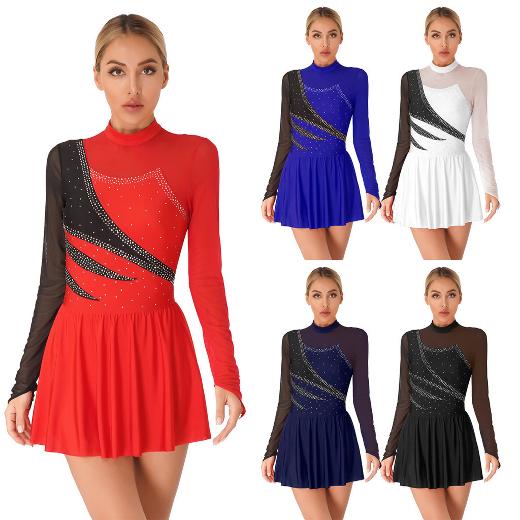 Womens Figure Skating Dance Performance Costume Glittery Rhinestone