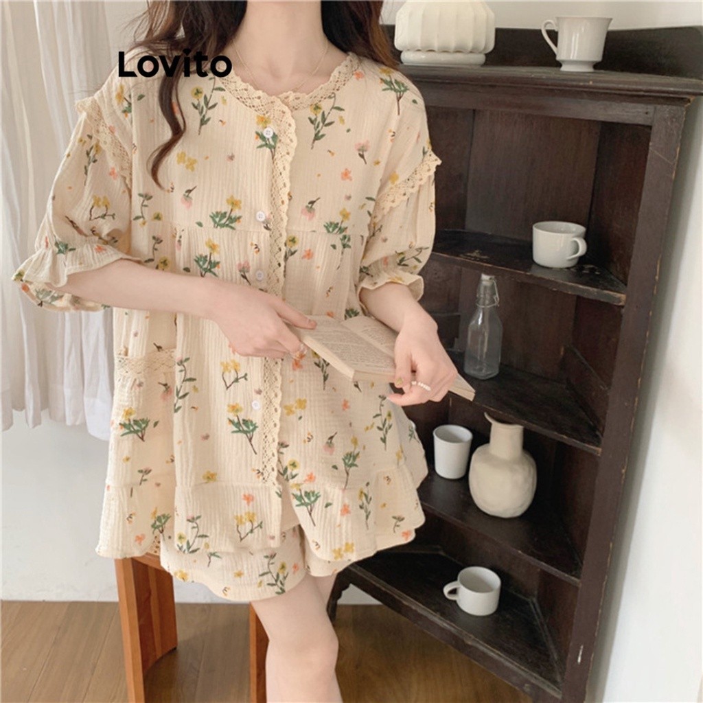 Lovito Casual Ditsy Floral Lace Ruffle Pajama Sets for Women LNA27252 ...