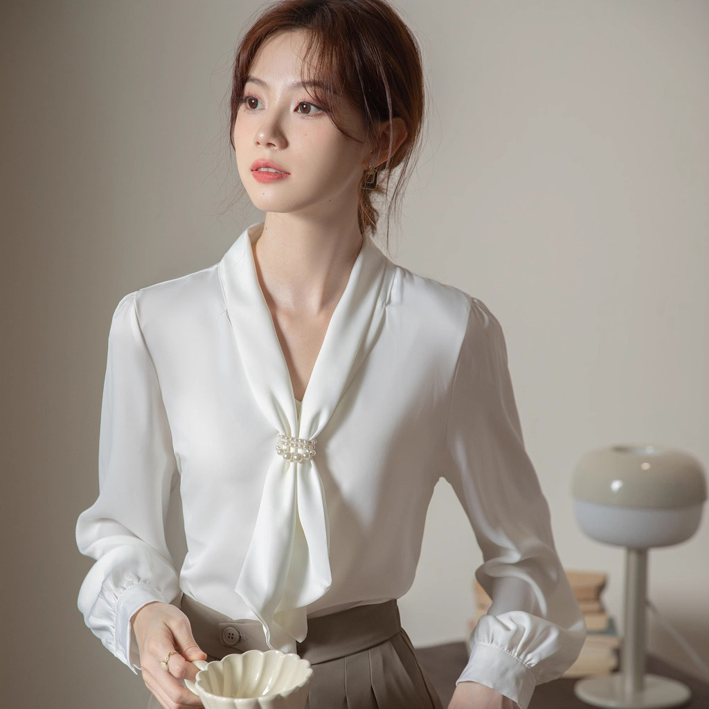Reben Gaya Perancis V-leher Rekaan Niche Kemeja Putih Elegan Lengan ...