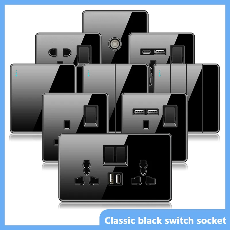 Luxury All Tempered Glass Wall Light Switch Button Black UK Plug 13A ...