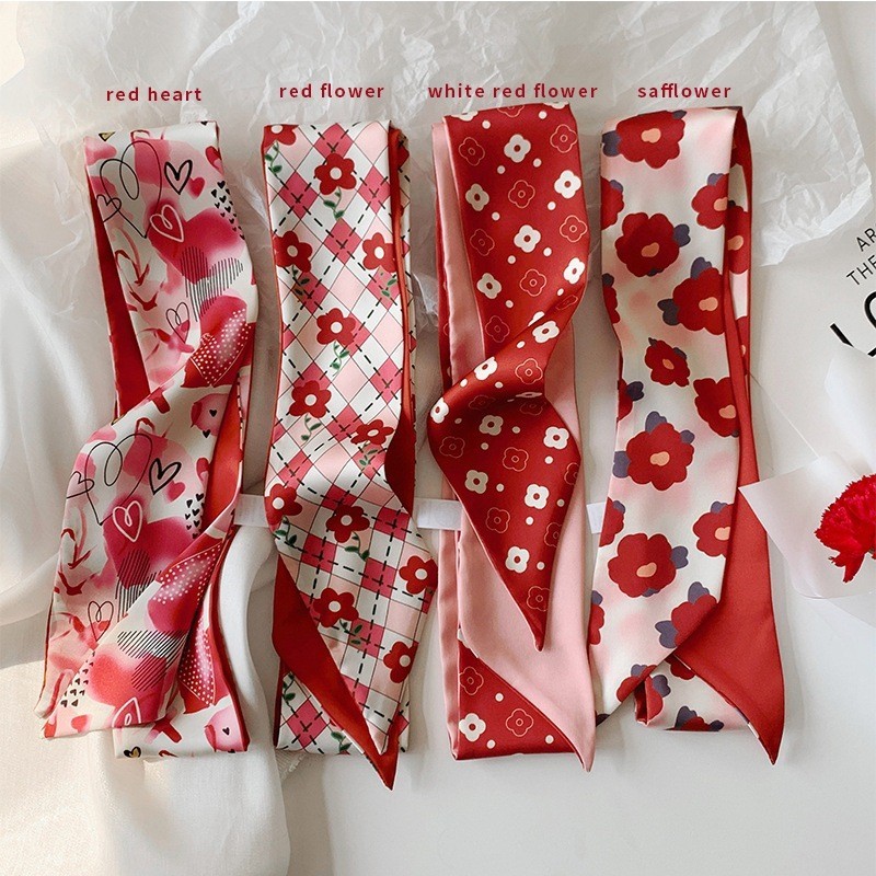 [Magpie] Red Long Silk Scarf for Women in Summer with Ribbons and ...