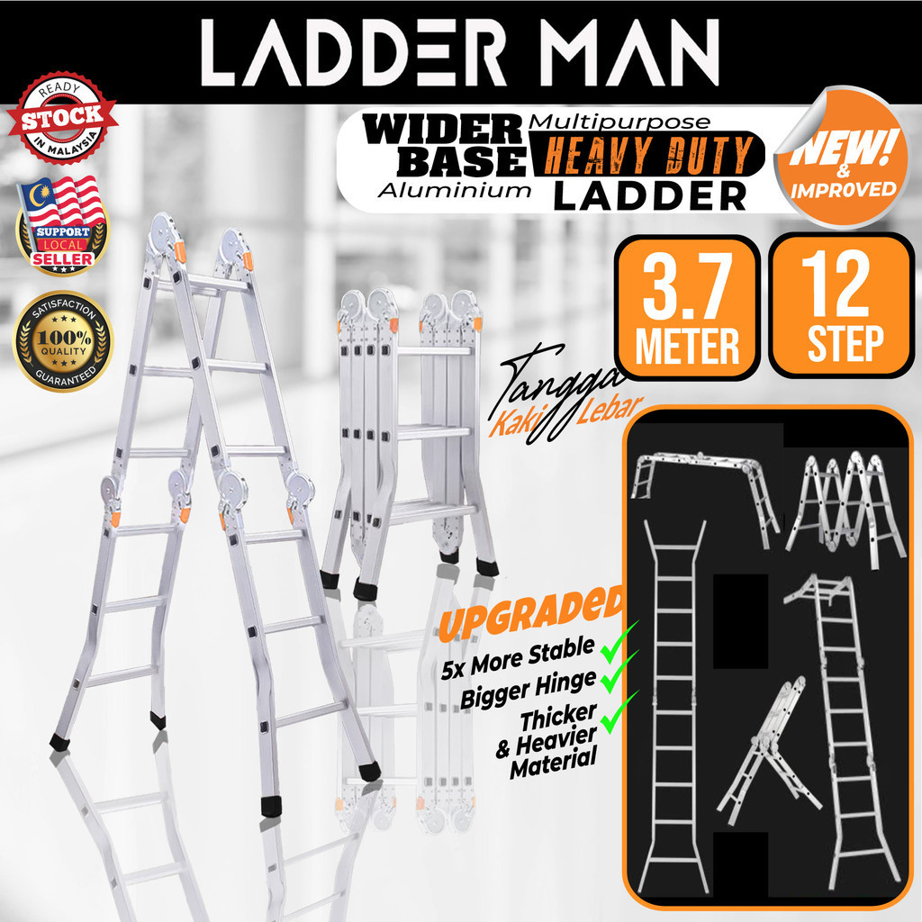 3.7M 12 Step Wider Base Heavy Duty Foldable Ladder Multipurpose ...