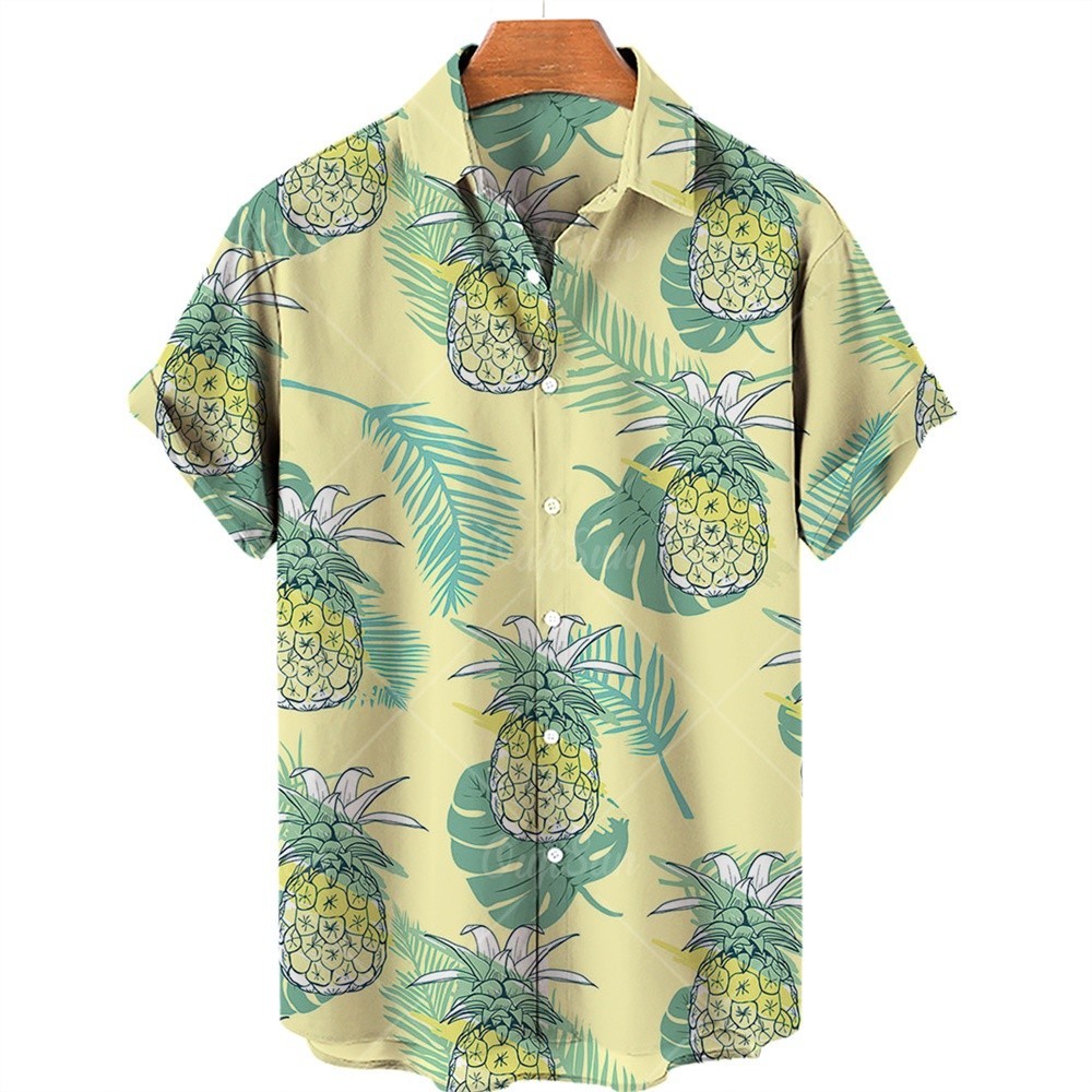 Songkran 2024 New Cartoon Pineapple Pattern Fold over Collar Men's ...