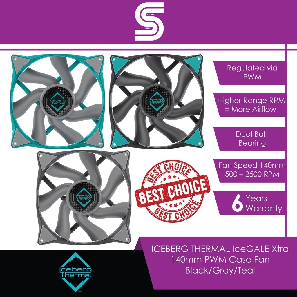 ICEBERG THERMAL IceGALE Xtra 140mm PWM Case Fan - Black/Gray/Teal ...