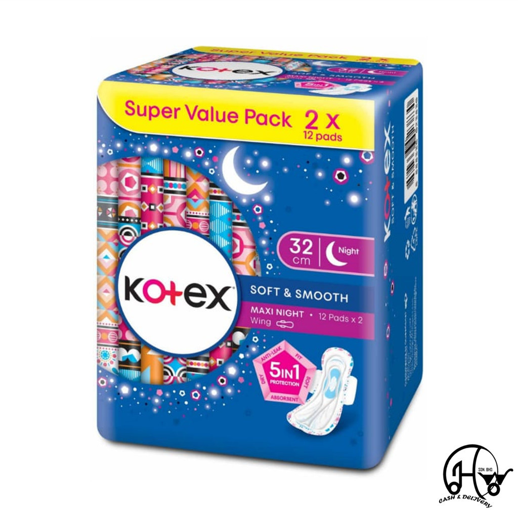 Kotex Soft & Smooth Overnight Maxi Night Wing 32cm Super Value Pack 12s ...