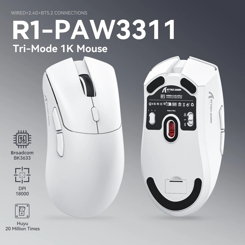 R1 1000Hz Bluetooth Mouse,18000dpi,PAW3311,Tri-mode Connection, Macro ...