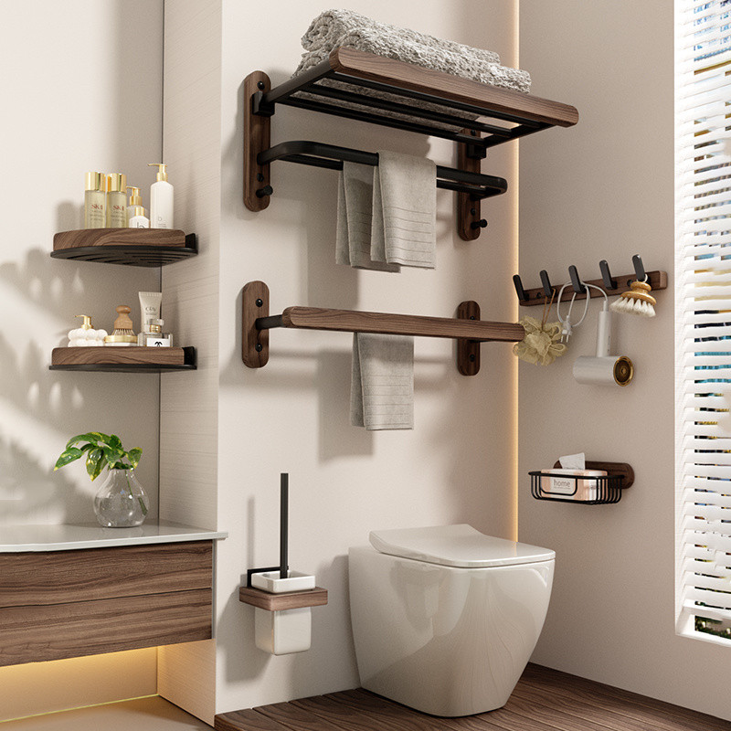 Walnut Bathroom Rack Perforation-Free Toilet Wall Hanger Towel Bath ...