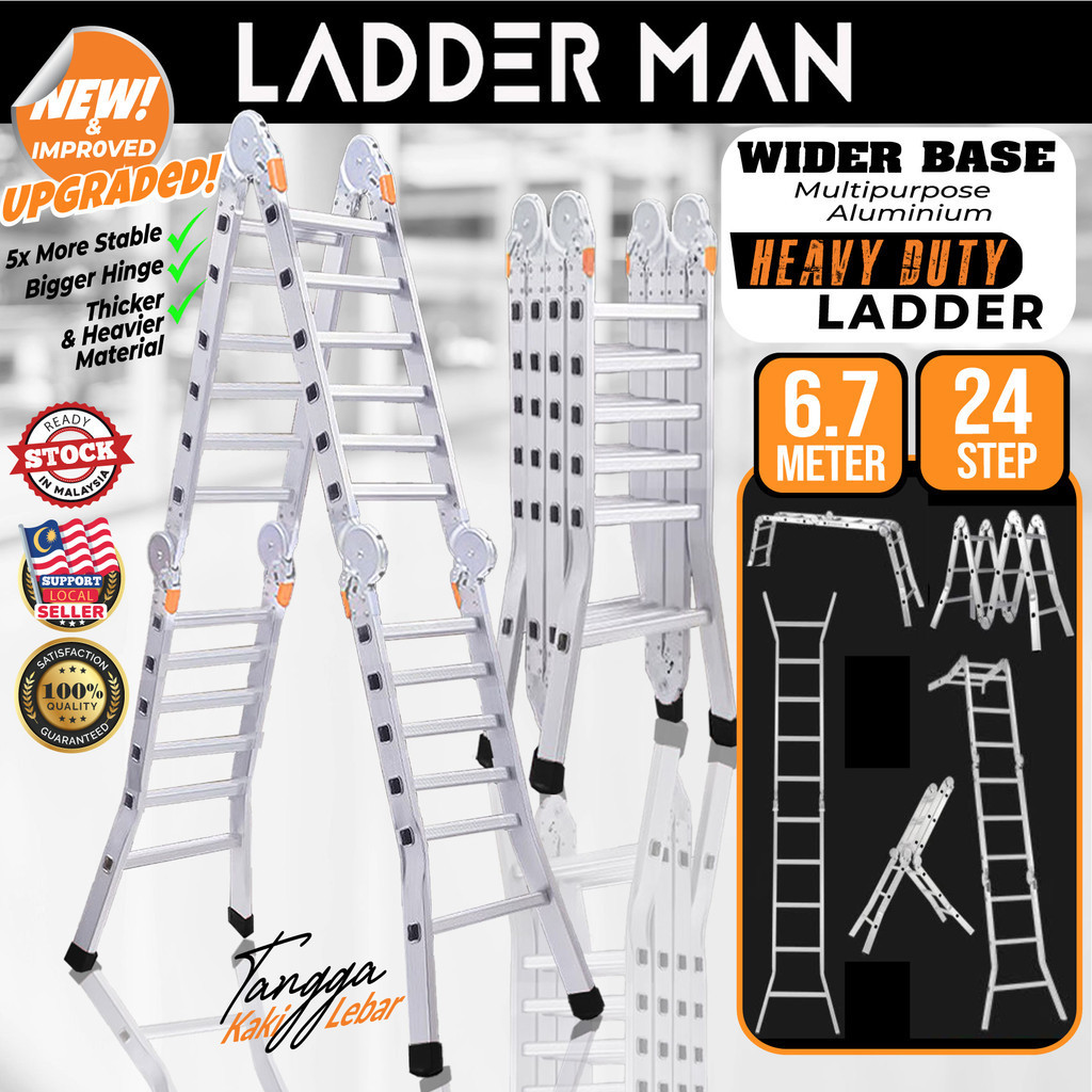 6.7M 24 Step Wider Base Heavy Duty Foldable Ladder Multipurpose ...
