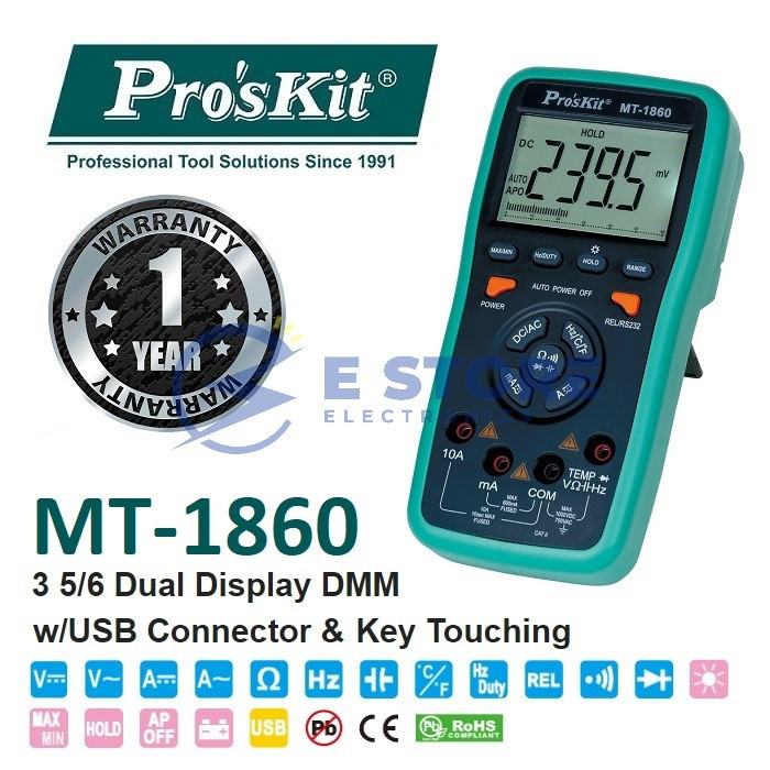 Pro'sKit MT-1860 3 5/6 Dual Display DMM w/USB Connector & Key Touching ...
