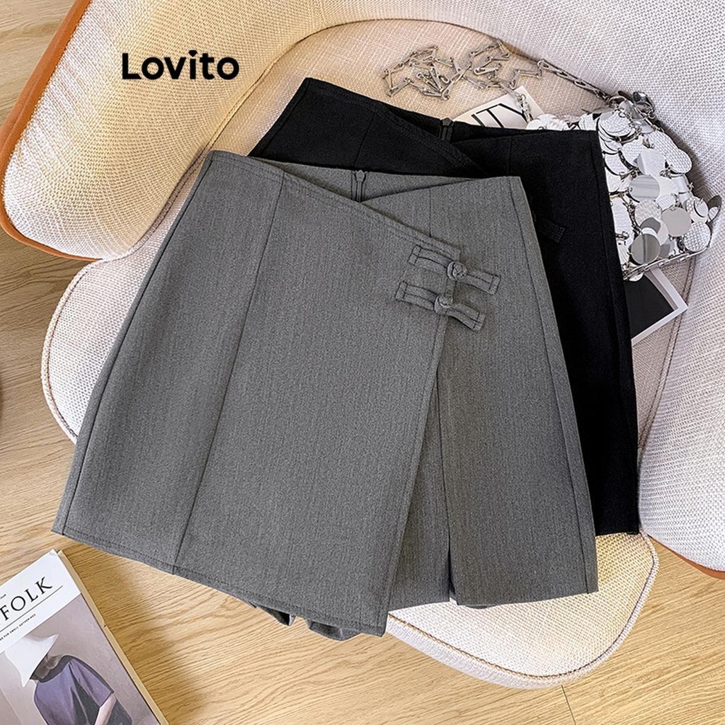 Lovito Casual Plain Asymmetrical Button Structure Line Zip-Back ...