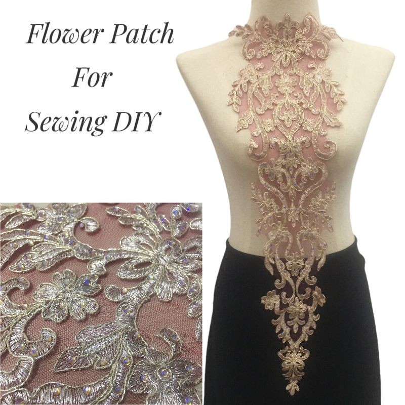 Premium Gold Embroidery Lace Patch Applique Border lace Flower Patch ...