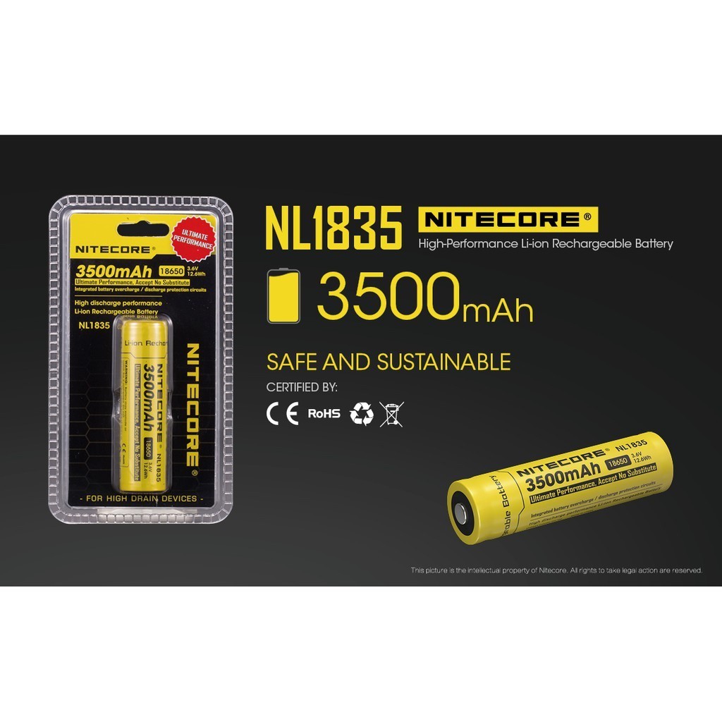 Nitecore NL1835 3.6V 3500mAh 18650 Rechargeable Li-ion Battery | Shopee ...