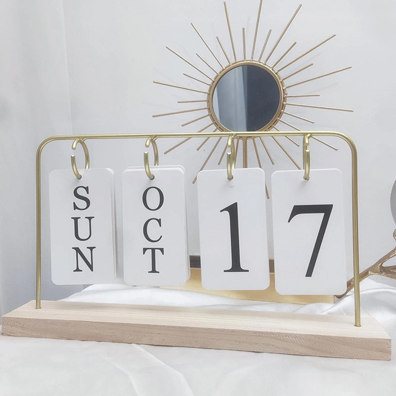 Reusable DIY Page Cards Perpetual Calendar with Wooden Base Metal Frame ...