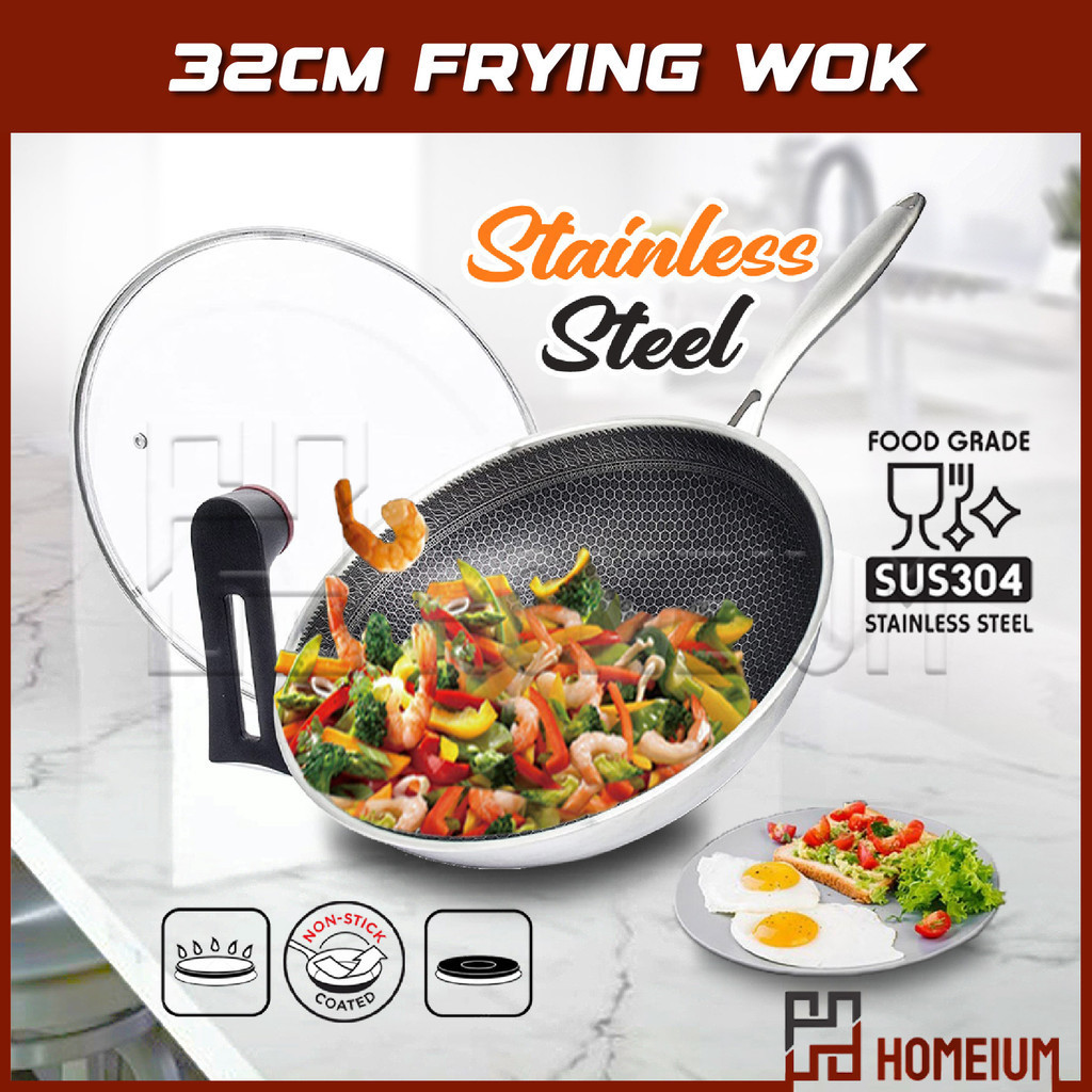 Homeium 32cm Stainless Steel Non Stick Frying Wok Pan Cooking Pot With Cover | Shopee Malaysia