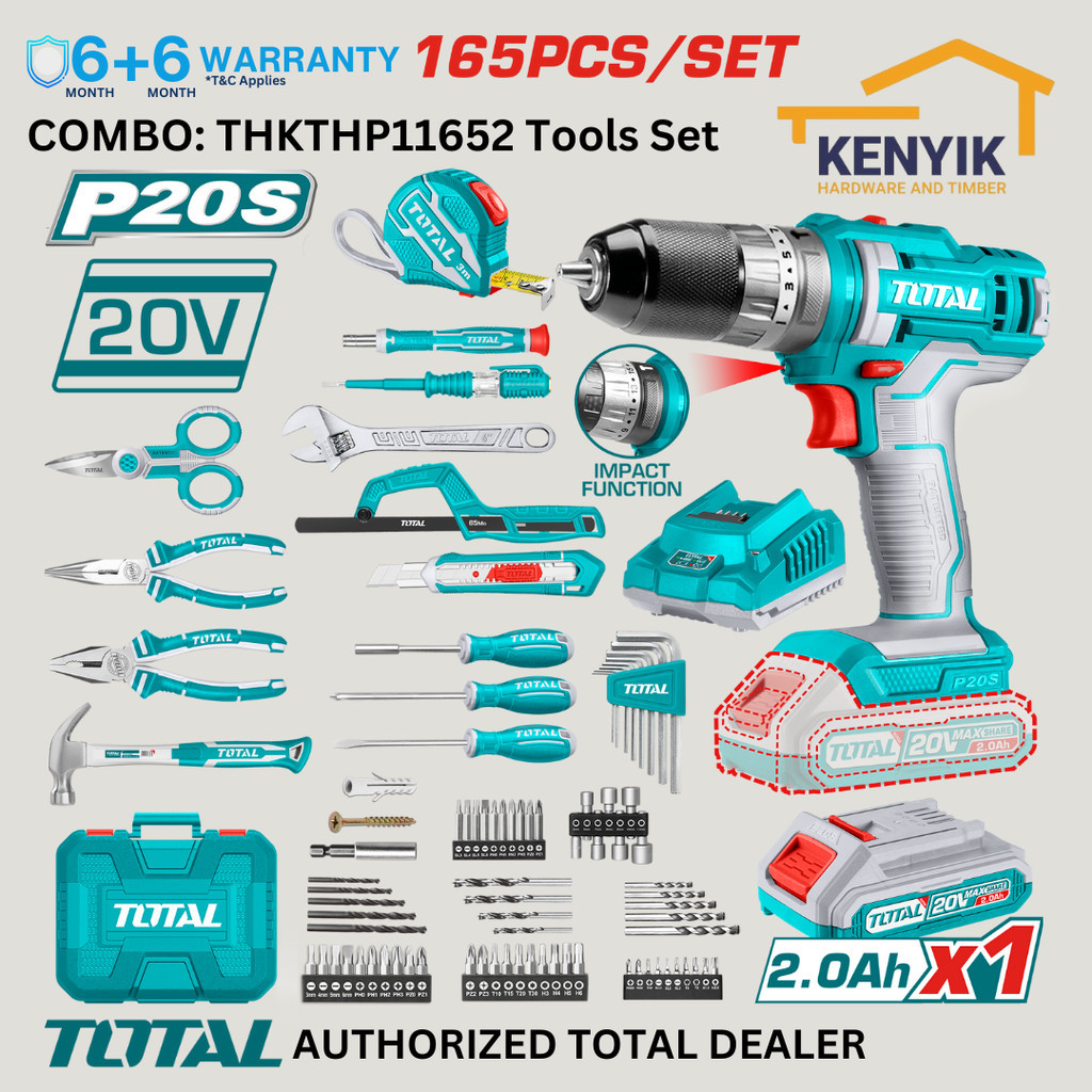 TOTAL 165pcs P20s Li-ion Cordless Impact Drill Tools Set (THKTHP11652 ...