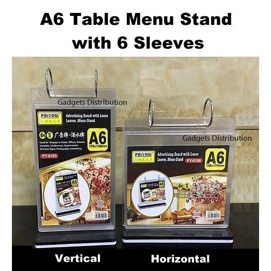 A6 Paper Table Menu Stand with 6 Sleeves Horizontal Vertical Type 2377. ...