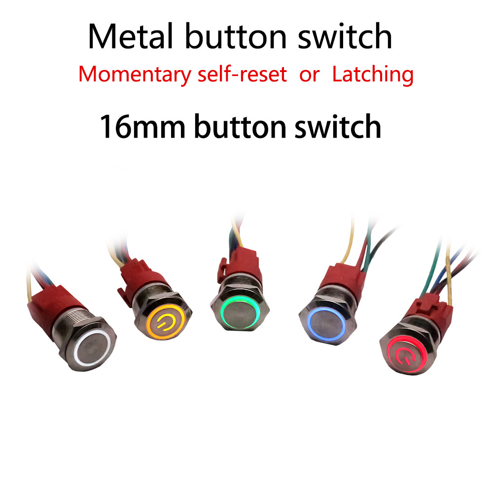 M16 metal button switch 16mm with light start power ring self resetting ...