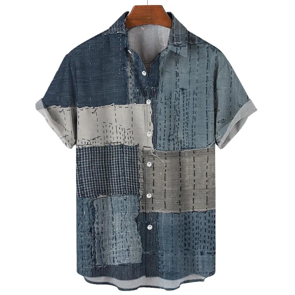 Spliced Printed Shirt for Men Lapel Button Short Sleeve Tee 2024 New ...