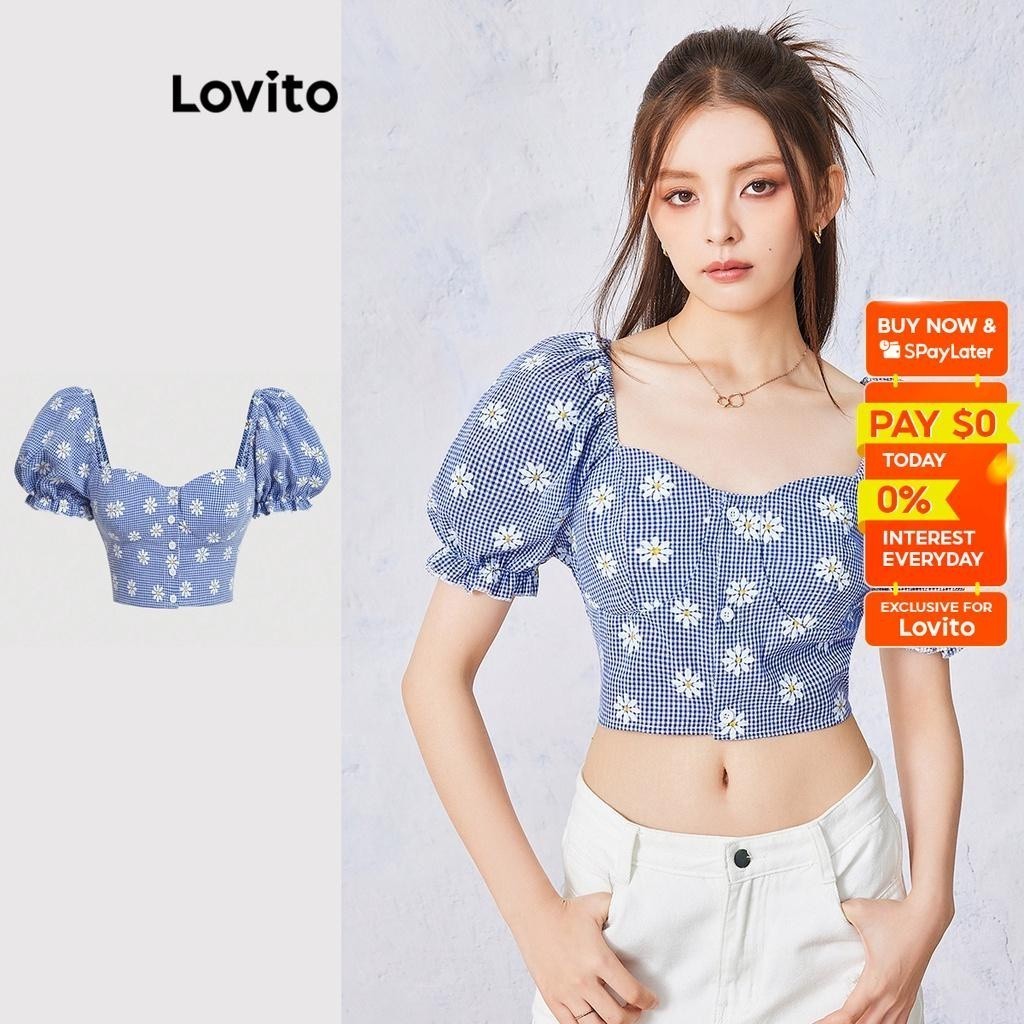 Lovito Casual Floral Frill Puff Sleeve Blouse for Women L55AD020 (Royal ...