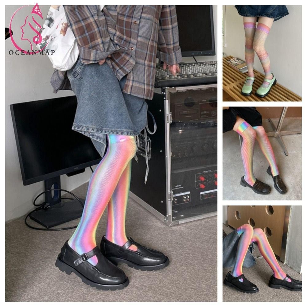 OCEANMAP Rainbow Fishnet Stockings, Thin Slimming Coforful Mesh ...