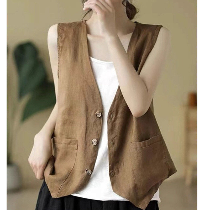 Casual Cotton Linen Vest Simple Temperament Outer Vest Button Double ...