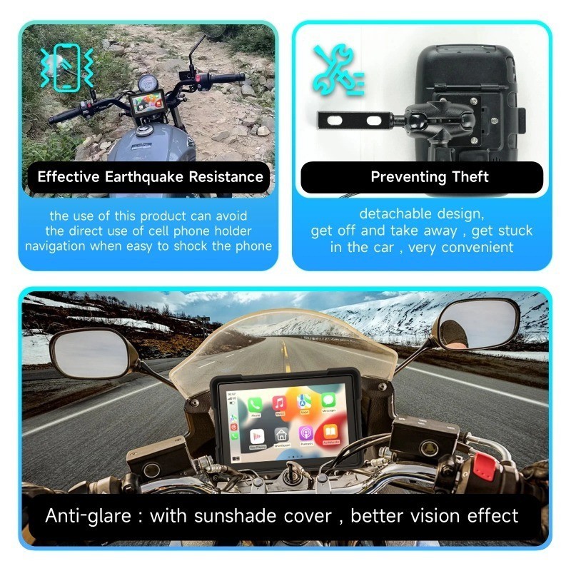 5 inch Motorcycle Touch Screen Monitor Wireless Apple Carplay Android ...