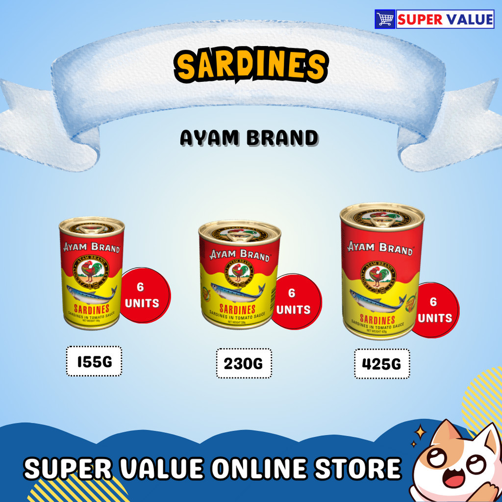 Ayam Brand Sardines in Tomato Sauce 155g 230g 425g x6 – HALAL Omega 3 Rich Fish Healthy Canned ...
