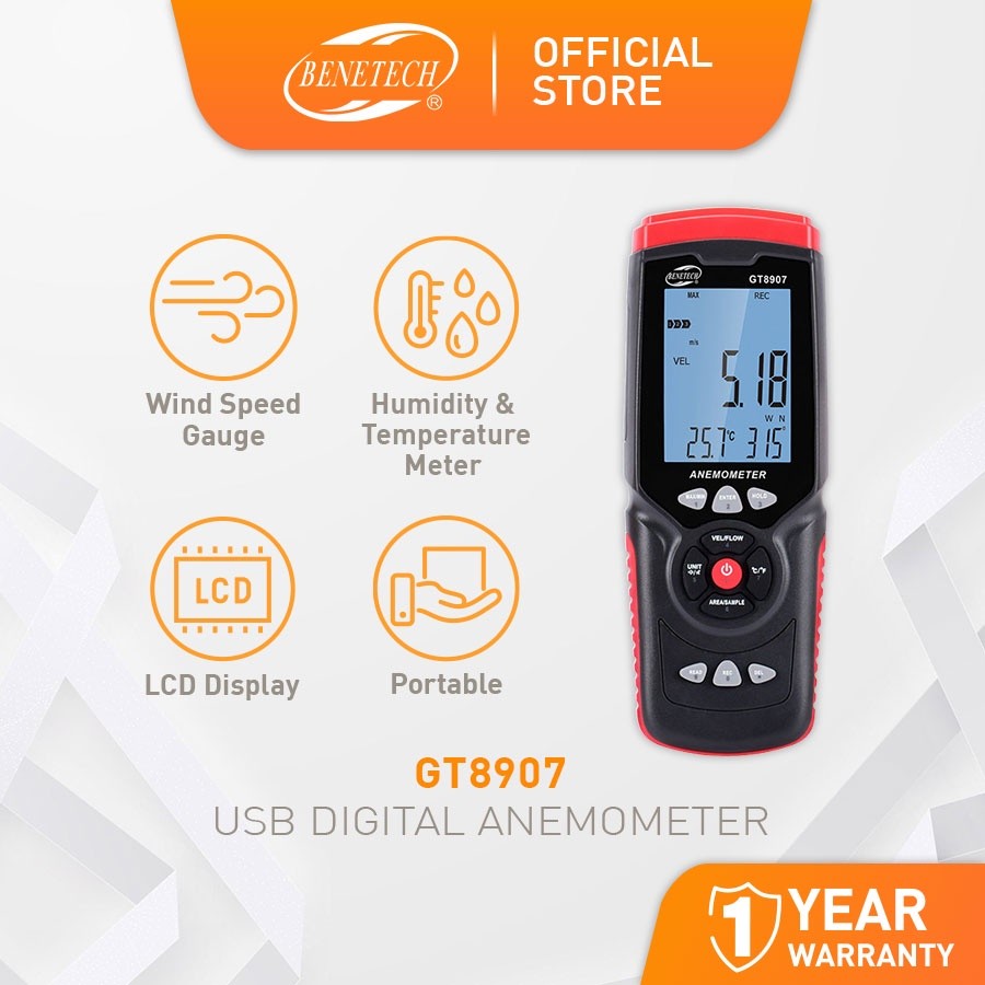 Benetech GT8907 Professional USB Digital Anemometer for Win Speed, Temperature and Humidity ...