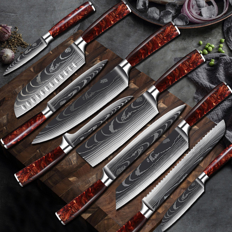 Red Resin Handle Damascus Laser Pattern Suit Meat Cutting Slicing Knife ...