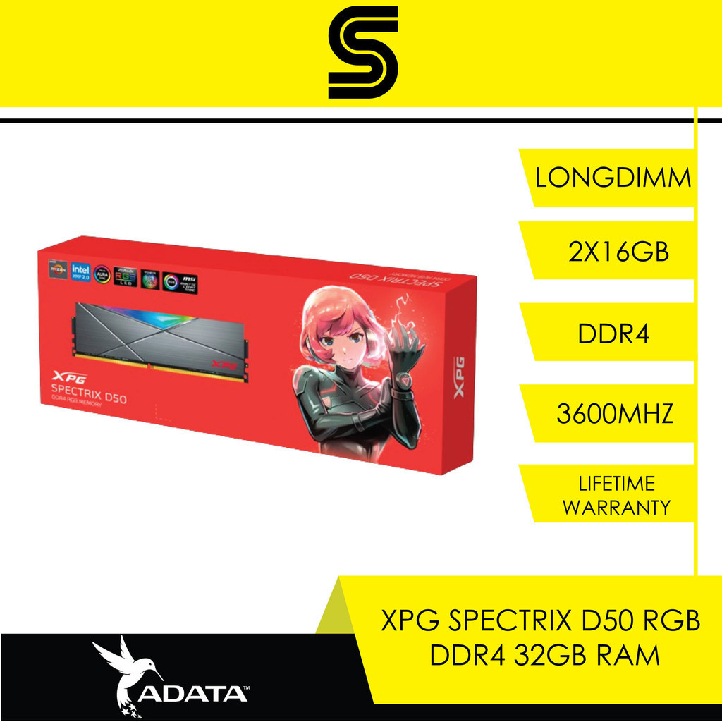 ADATA XPG Spectrix D50 RGB 32GB(2x16GB Kits) 3600MHz DDR4 LongDimm ...