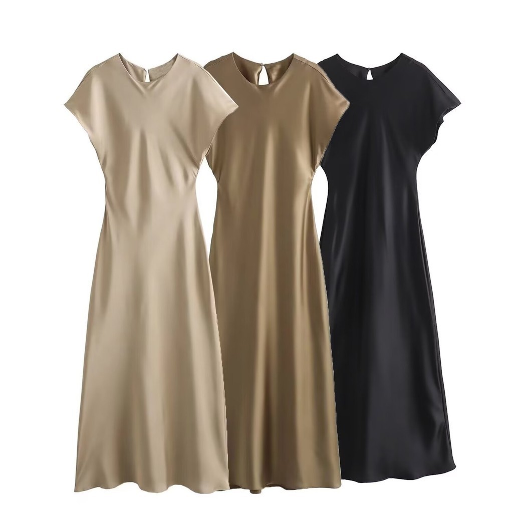 2024 Wholesale Solid Color Satin Texture Midi Dress 9770 | Shopee Malaysia