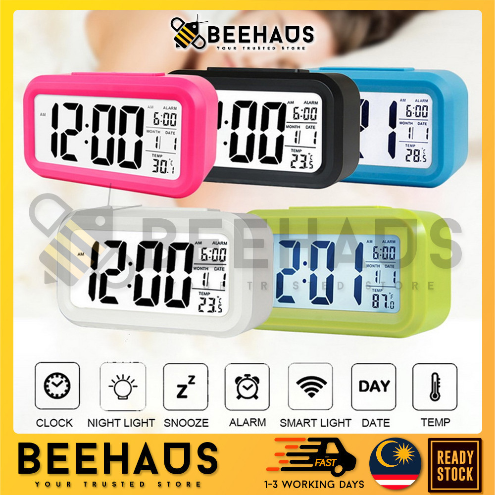 BEEHAUS LED Digital Alarm Clock Smart Temperature Snooze Alarm Student LCD Mute Backlight Night ...