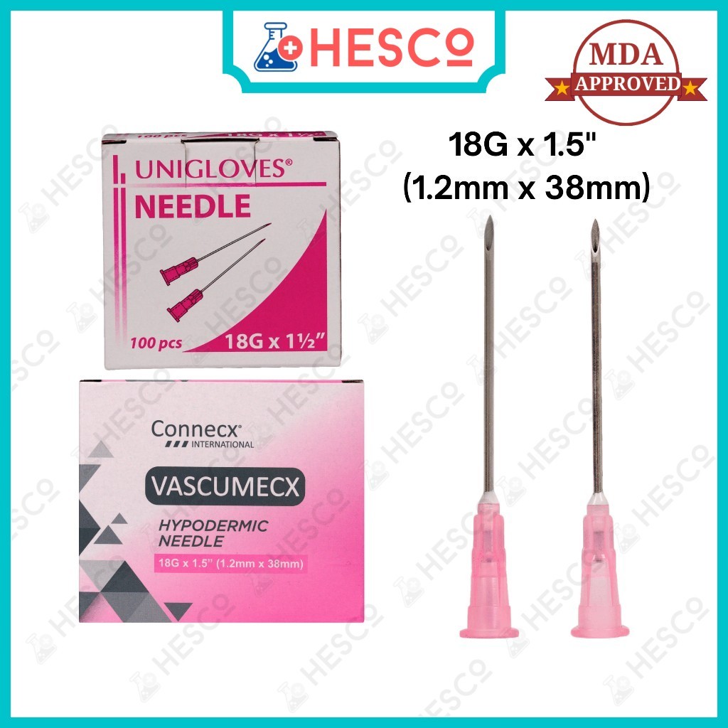 Hypodermic Needle Jarum 18G x 1.5" (1.2mm x 38mm) Unigloves Connecx ...