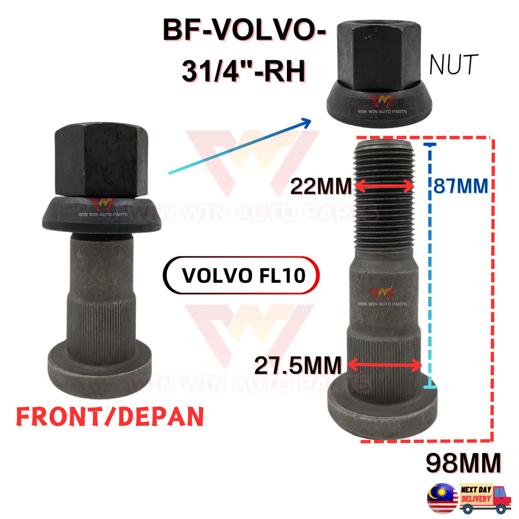 Volvo FL10 Trailer Truck (Front/Depan) Wheel Hub Bolt With Nut Tyre ...