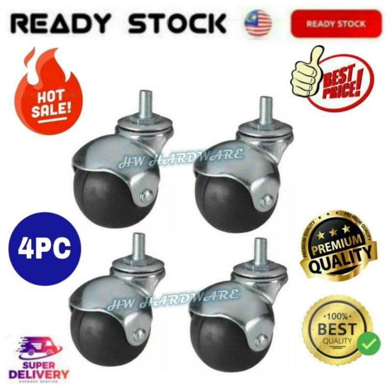 (4 PCS) 2" 50mm Thread Screw Round Ball Wheel Caster Roller / Thread ...